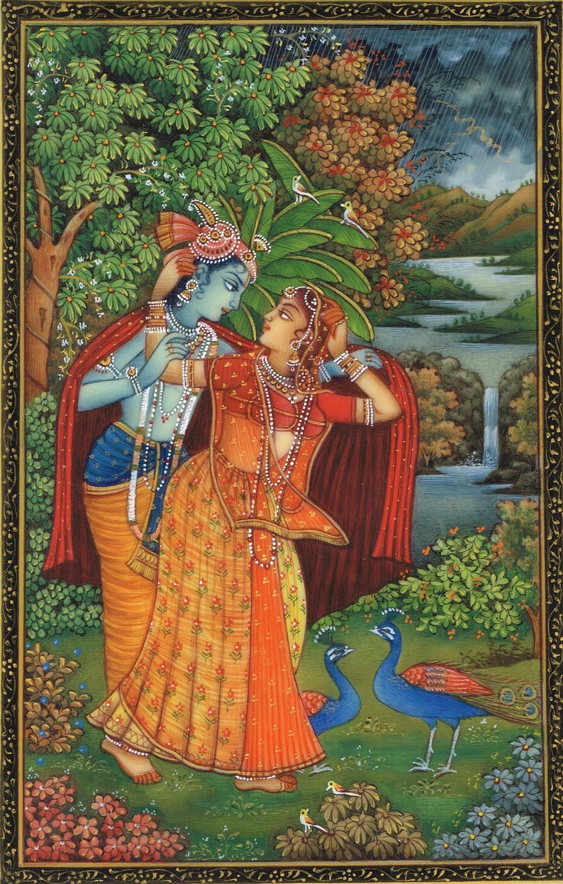 Indian Religious Painting of Radha Krishna in Love Scene Handmade ...