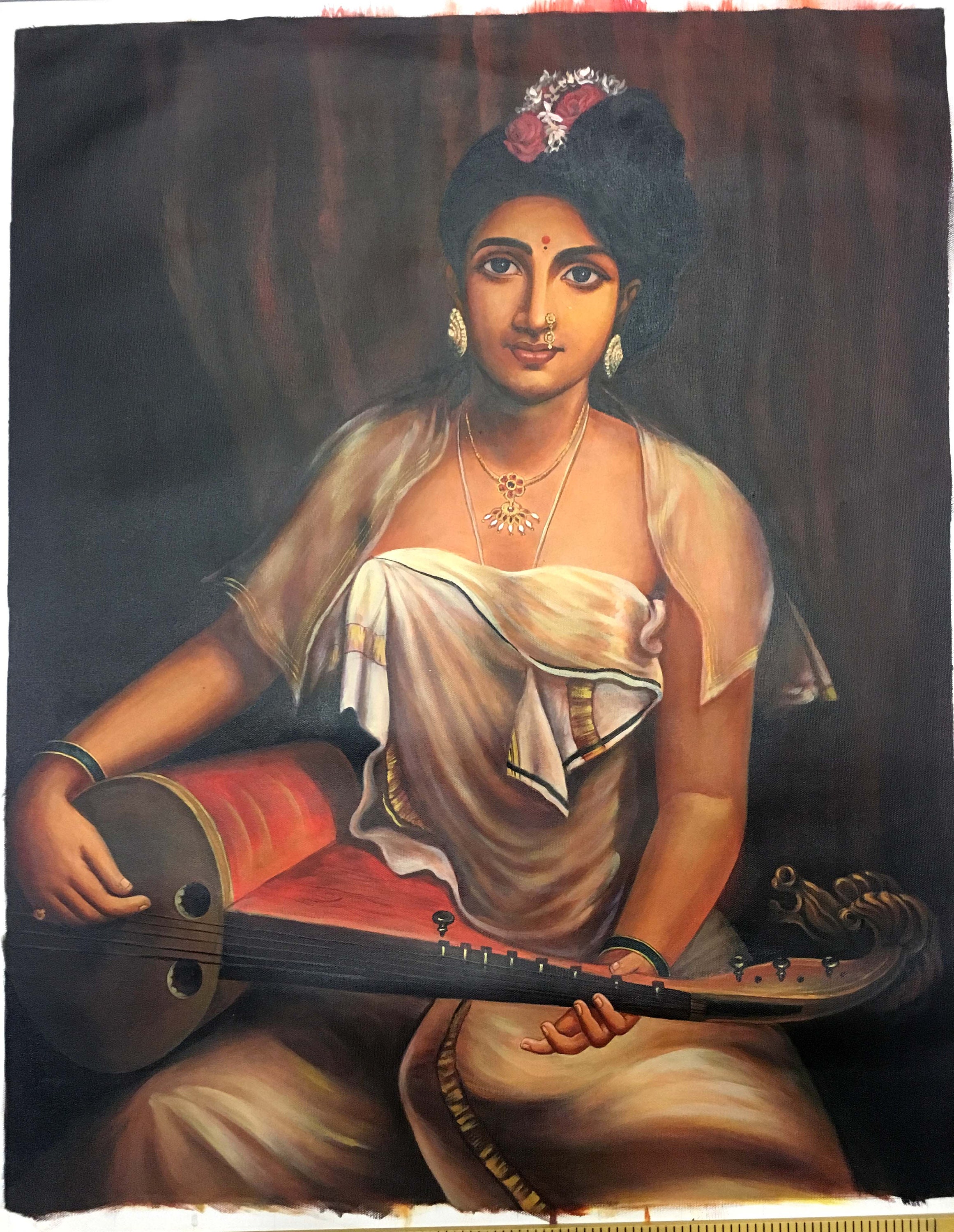 Lady Playing the Veena Painting Handmade Art on Canvas Lady With Veena Women Oil Paintings Young ...