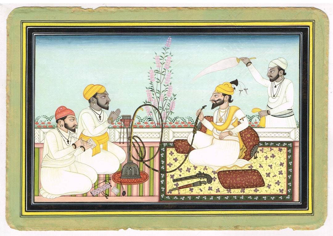 Indian Miniature Painting of Raja Ajmat Dev of Mankot Smoking A Hookah ...