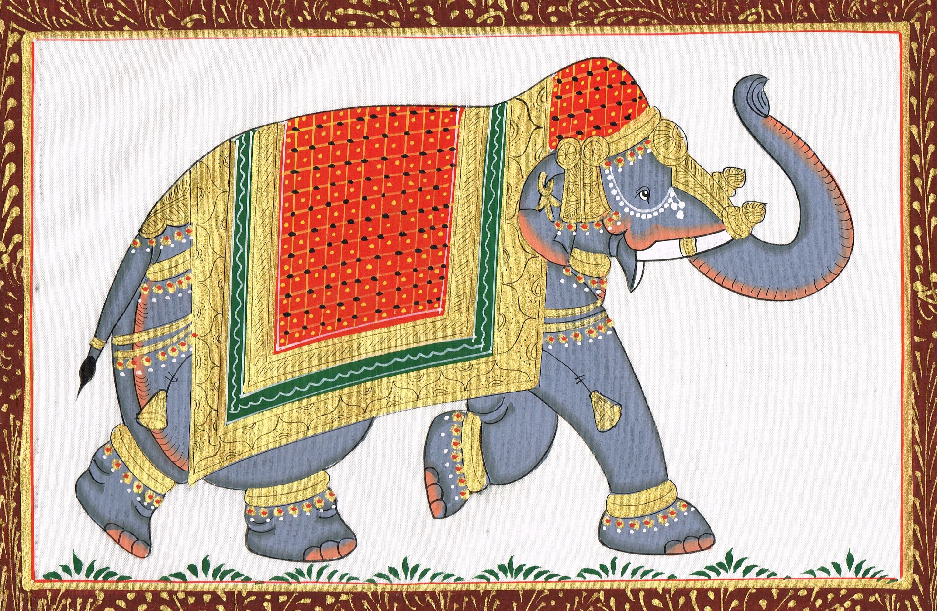 Hand Painted Decorated Elephant Painting on Silk Cloth 13.5x12.5inches ...