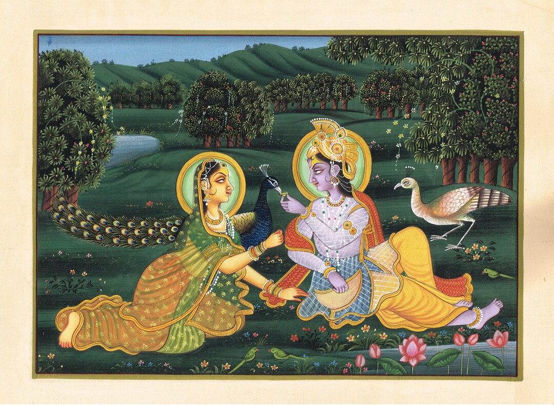 Radha Krishna Painting of Krishna Radha Love Scene Art on Silk Cloth ...