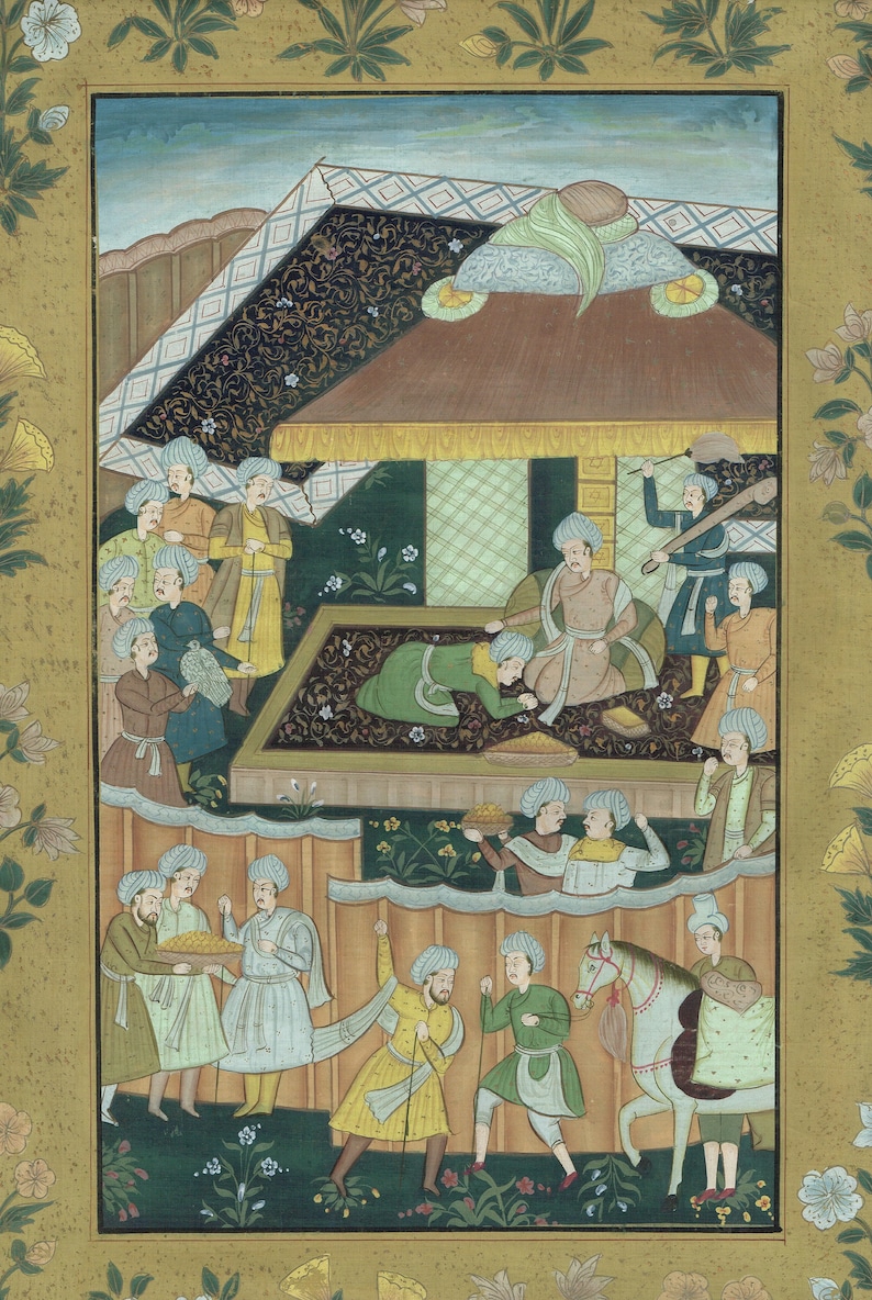 Persian Court Scene Painting on Silk: Islamic Miniature Art (15.5x21.5 ...