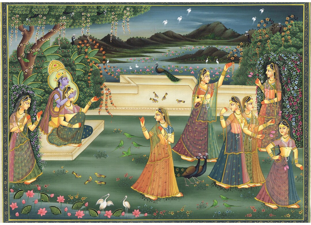 Radha Krishna Painting Hand Miniature Hindu Religious Art 17.5x13.5 ...