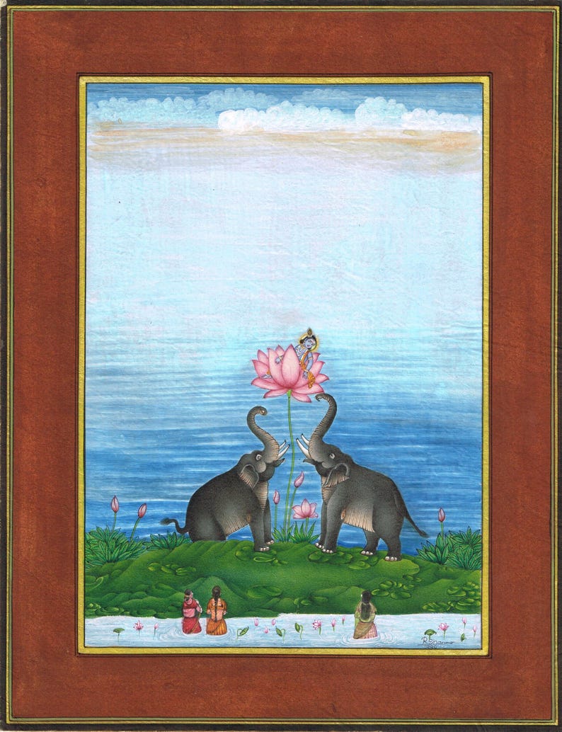 Lord Krishna Miniature Painting: Hindu Religious Art With Elephant (10 ...