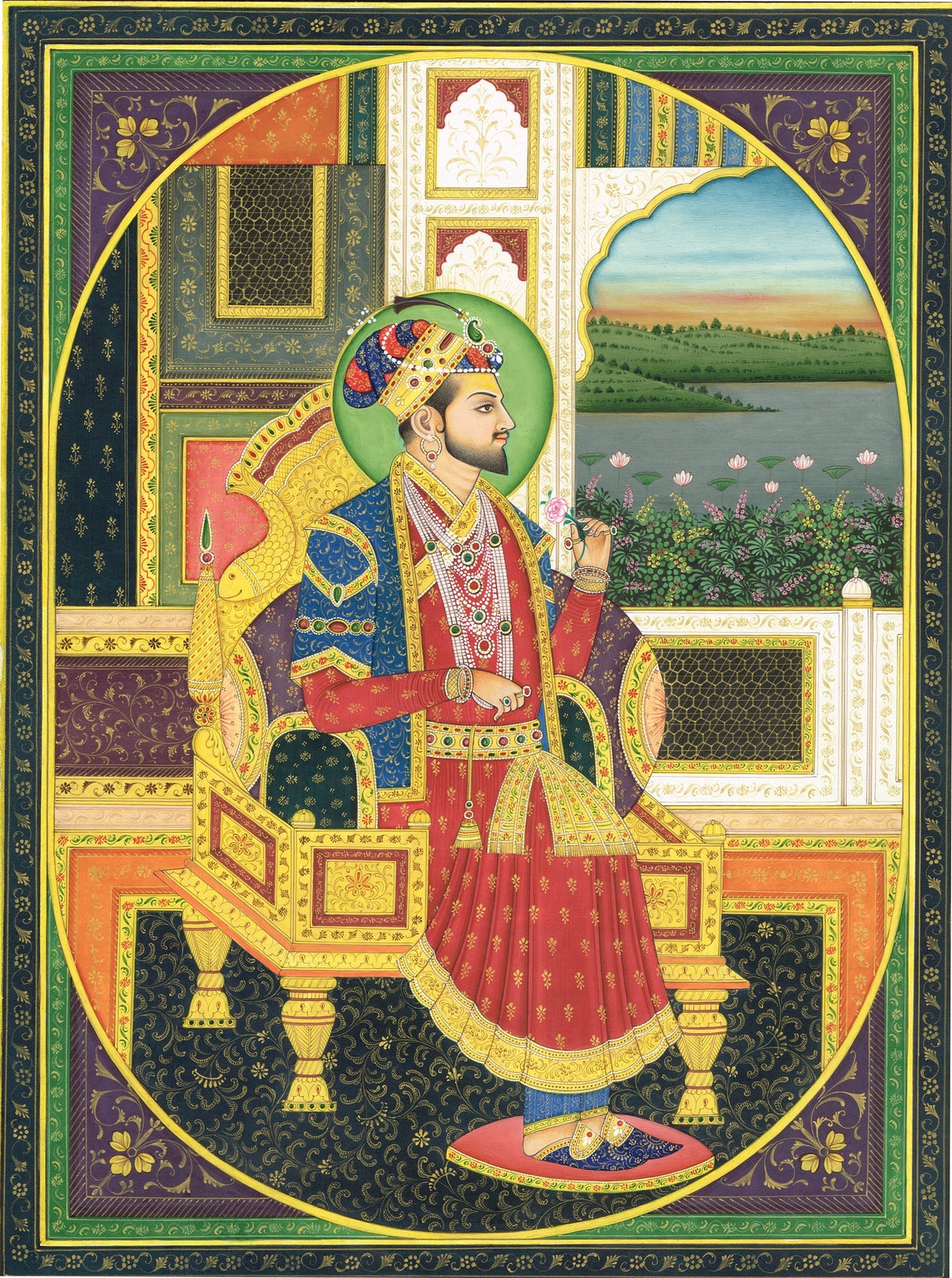 Mughal Portrait Painting of Emperor Shahjahan on Royal Chair Gouache ...