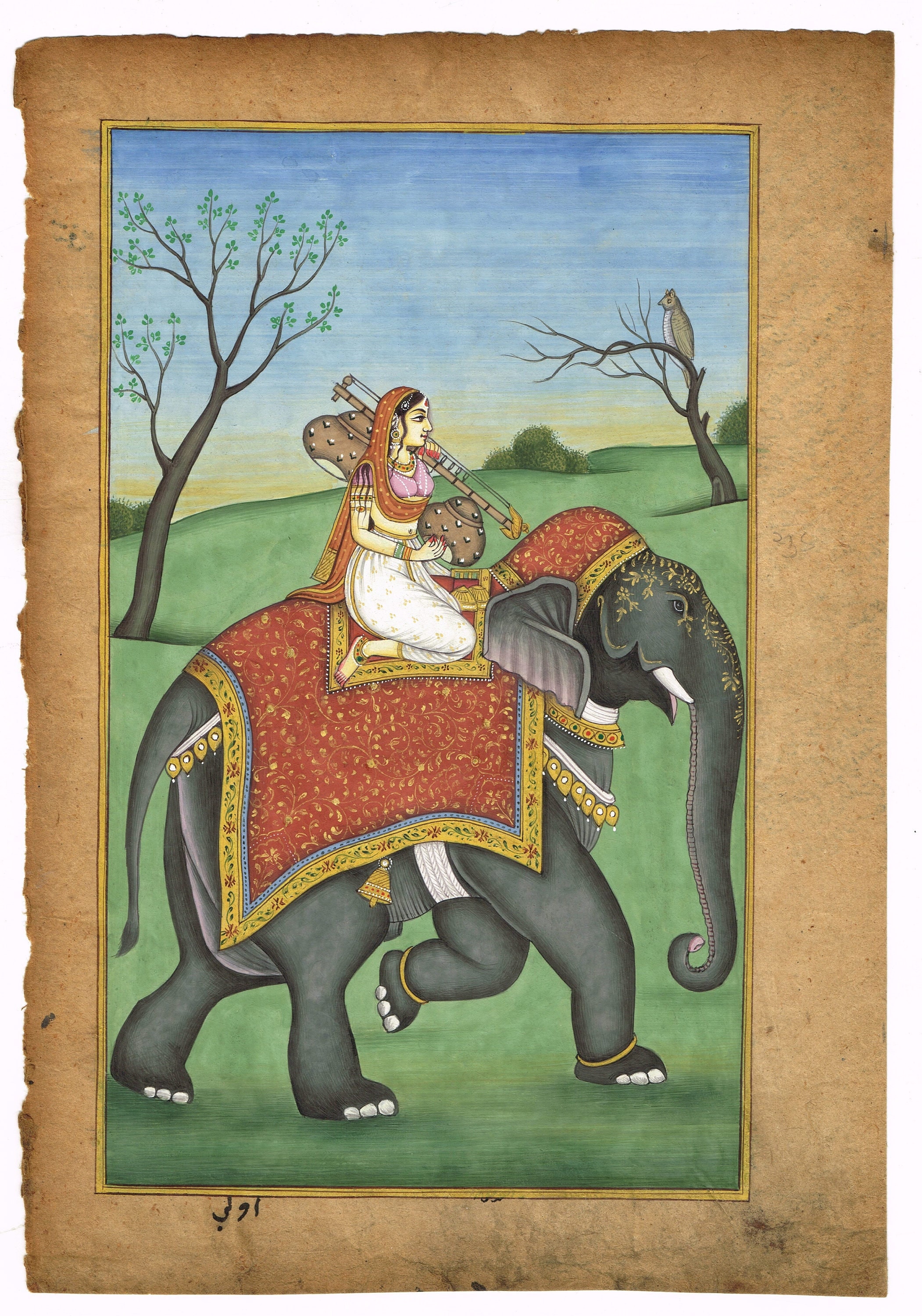 Handmade Mughal Miniature Painting of Ragini Lady on Elephant With ...