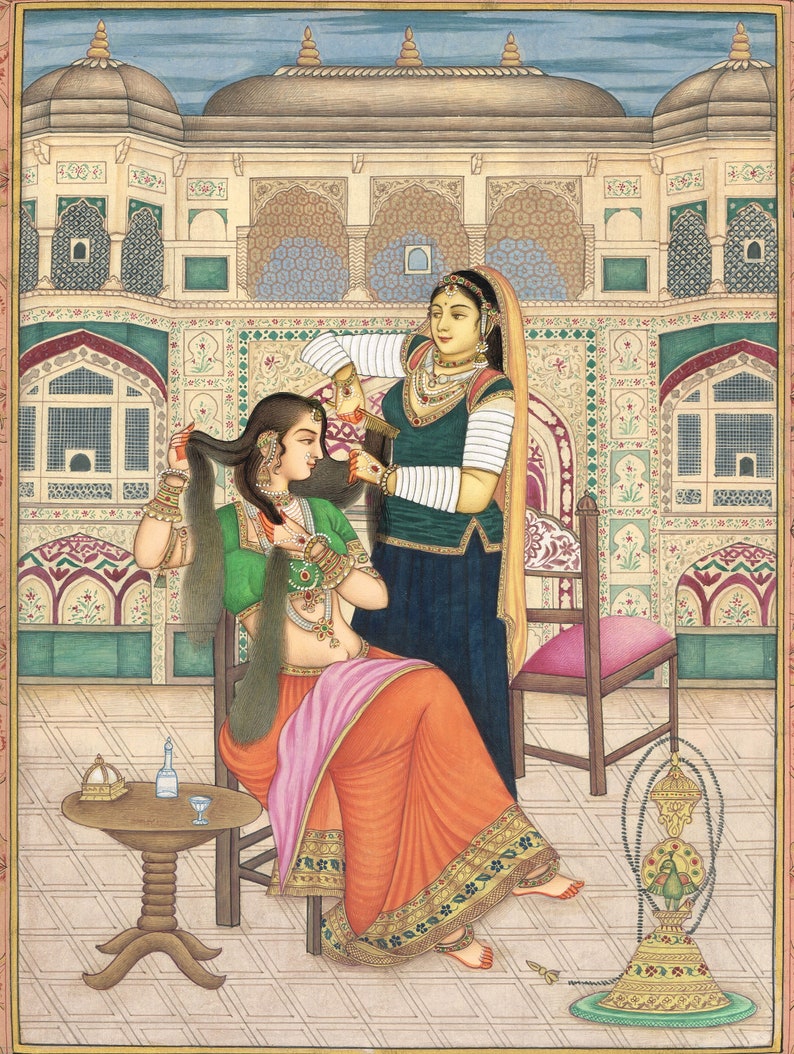 Indian Miniature Painting of Rajput Mewar Queen Brushing Her Hair With ...