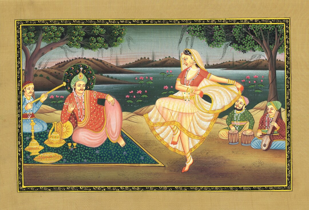 Rajasthani Miniature Painting of Rajput Maharaja Enjoying Lady Dance ...