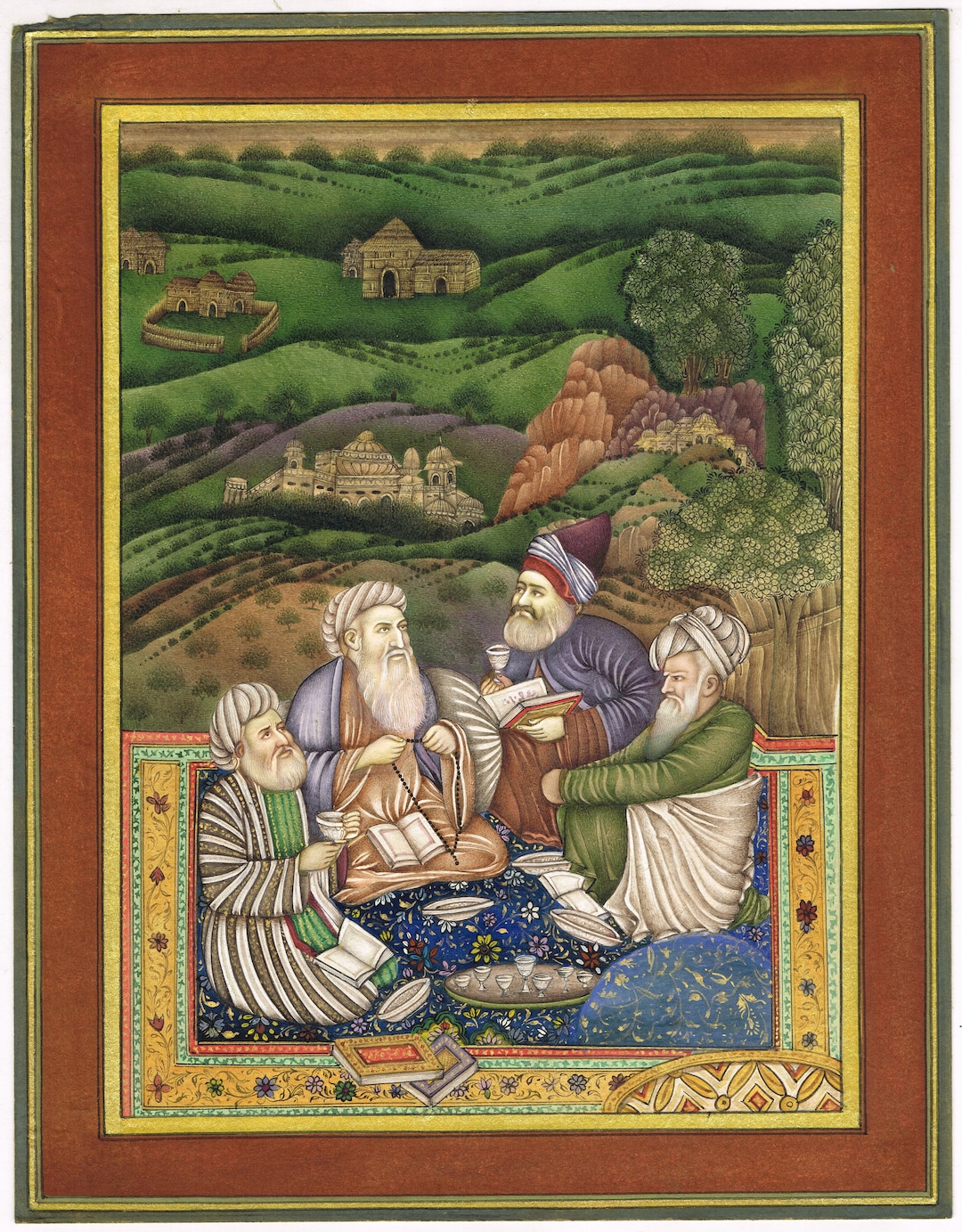 Mughal Miniature Painting of Four Mullahs Meeting Art on Paper 10.25x13 ...