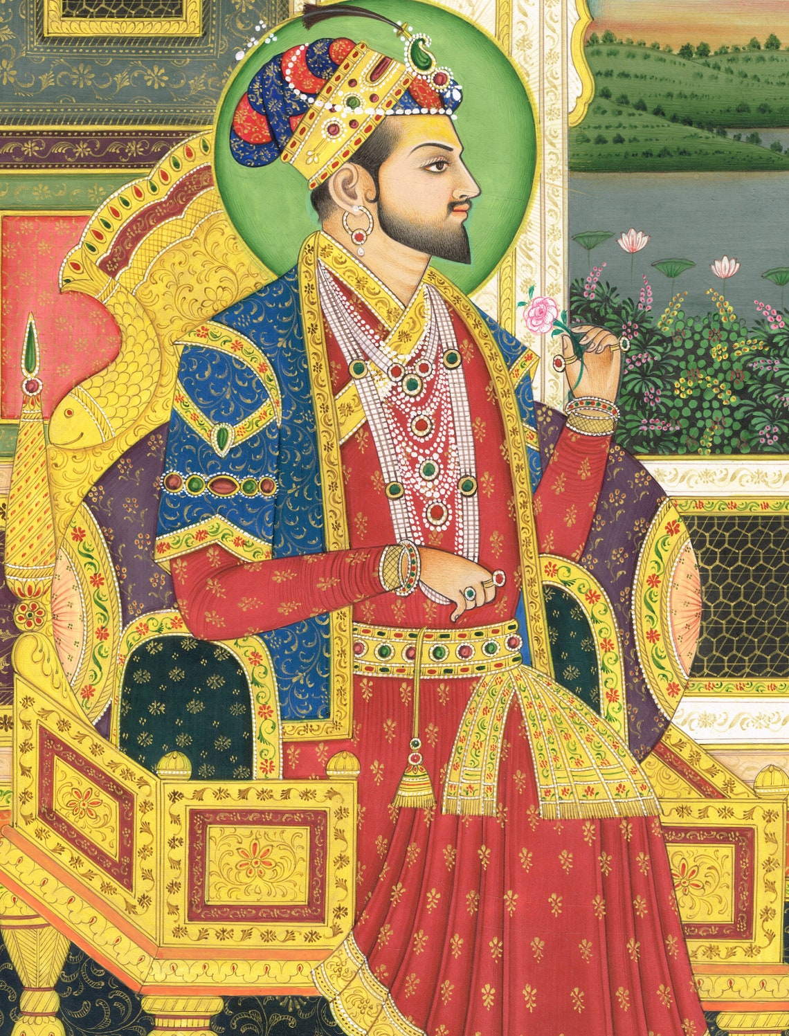 Mughal Portrait Painting of Emperor Shahjahan on Royal Chair Gouache ...