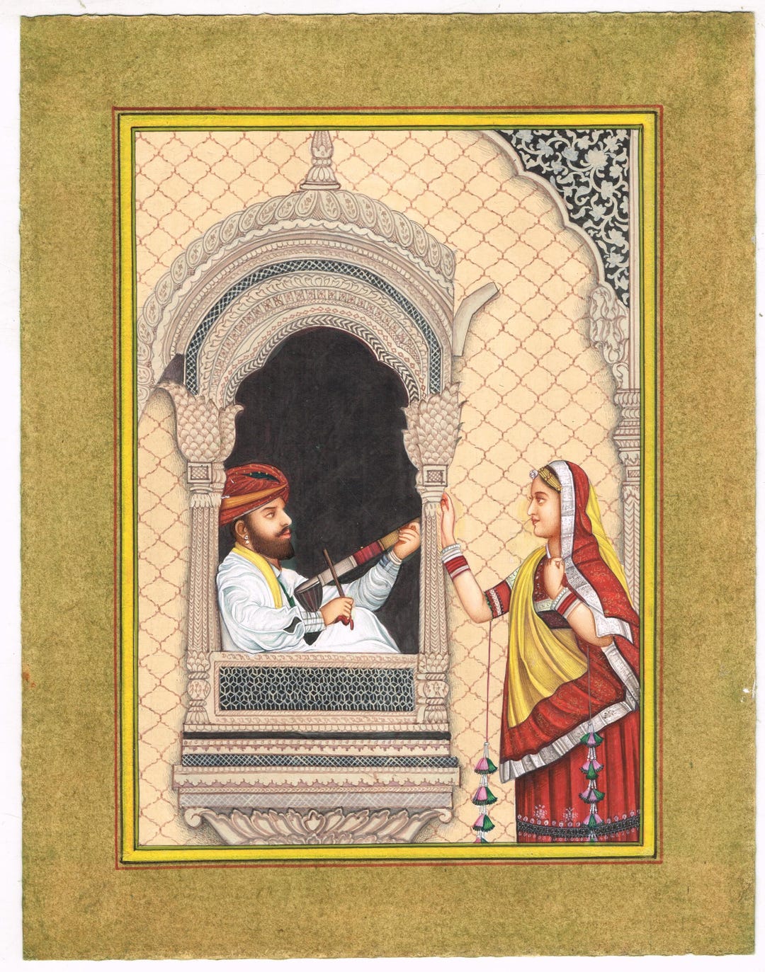Hand Miniature Painting of A Rajput Queen Enjoying Music in Her Palace ...