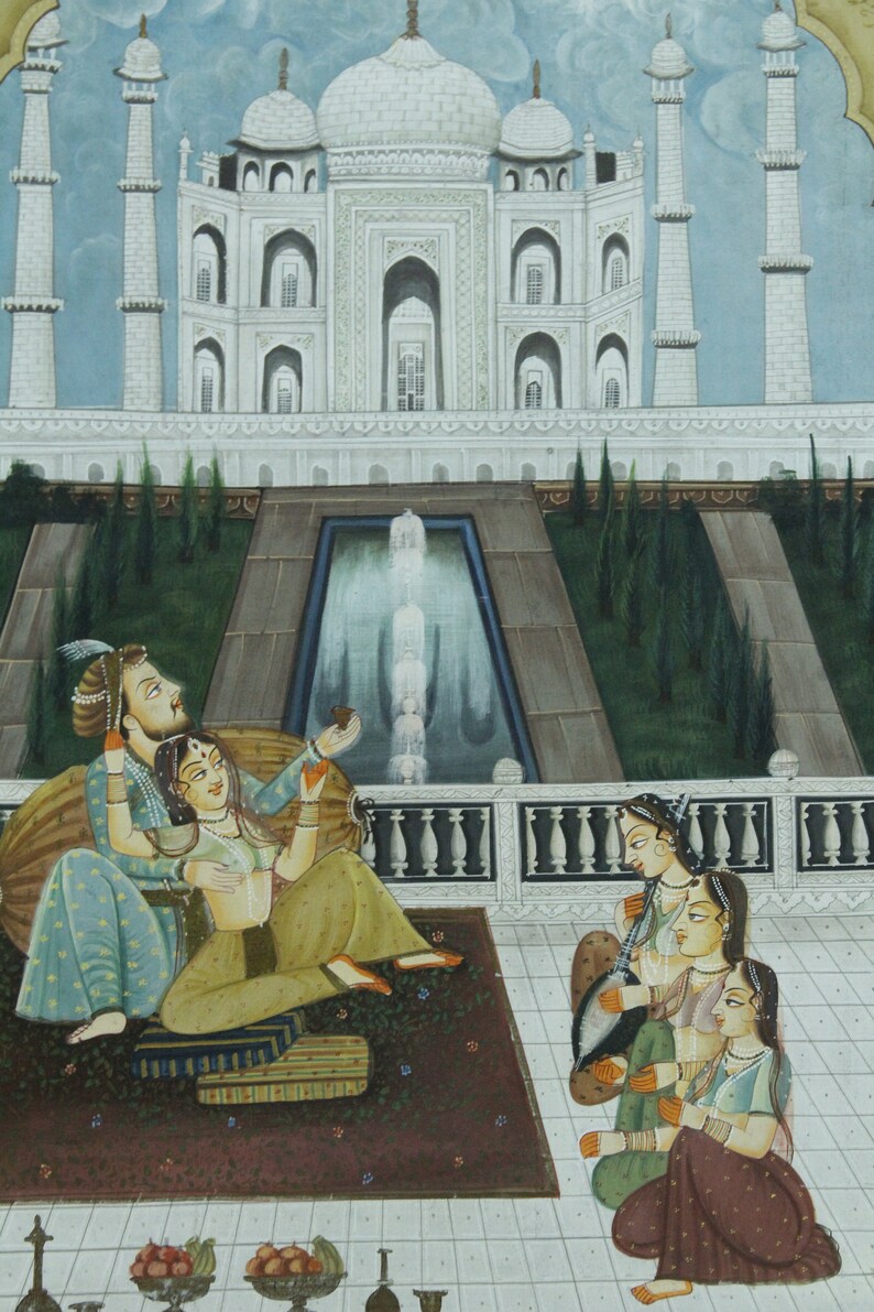Indian Miniature Painting of King & Queen Love Scene With Taj Mahal on ...