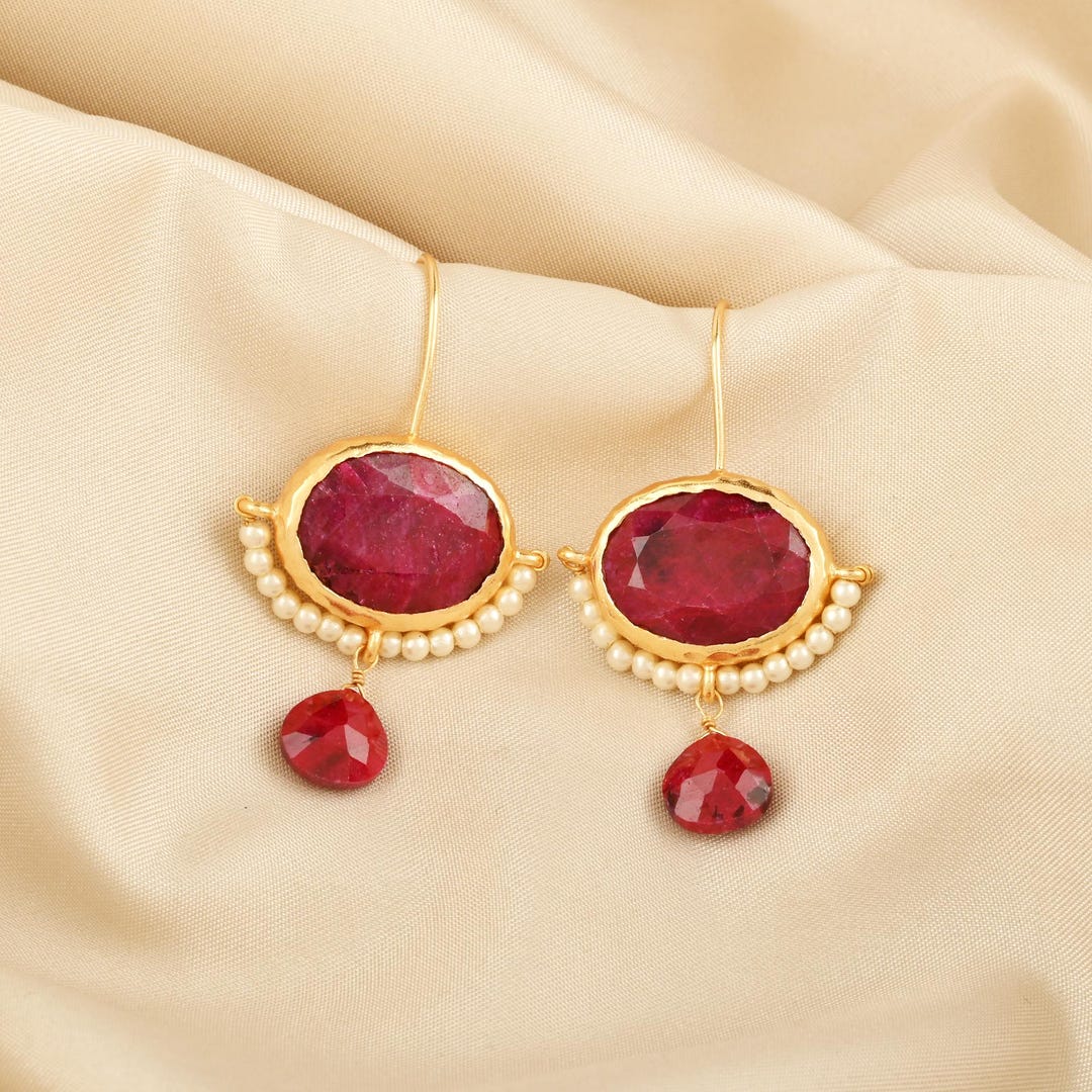 Ruby Pearl Drop Dangle Earring, Elegant Vintage Style 22k Gold Plated ...