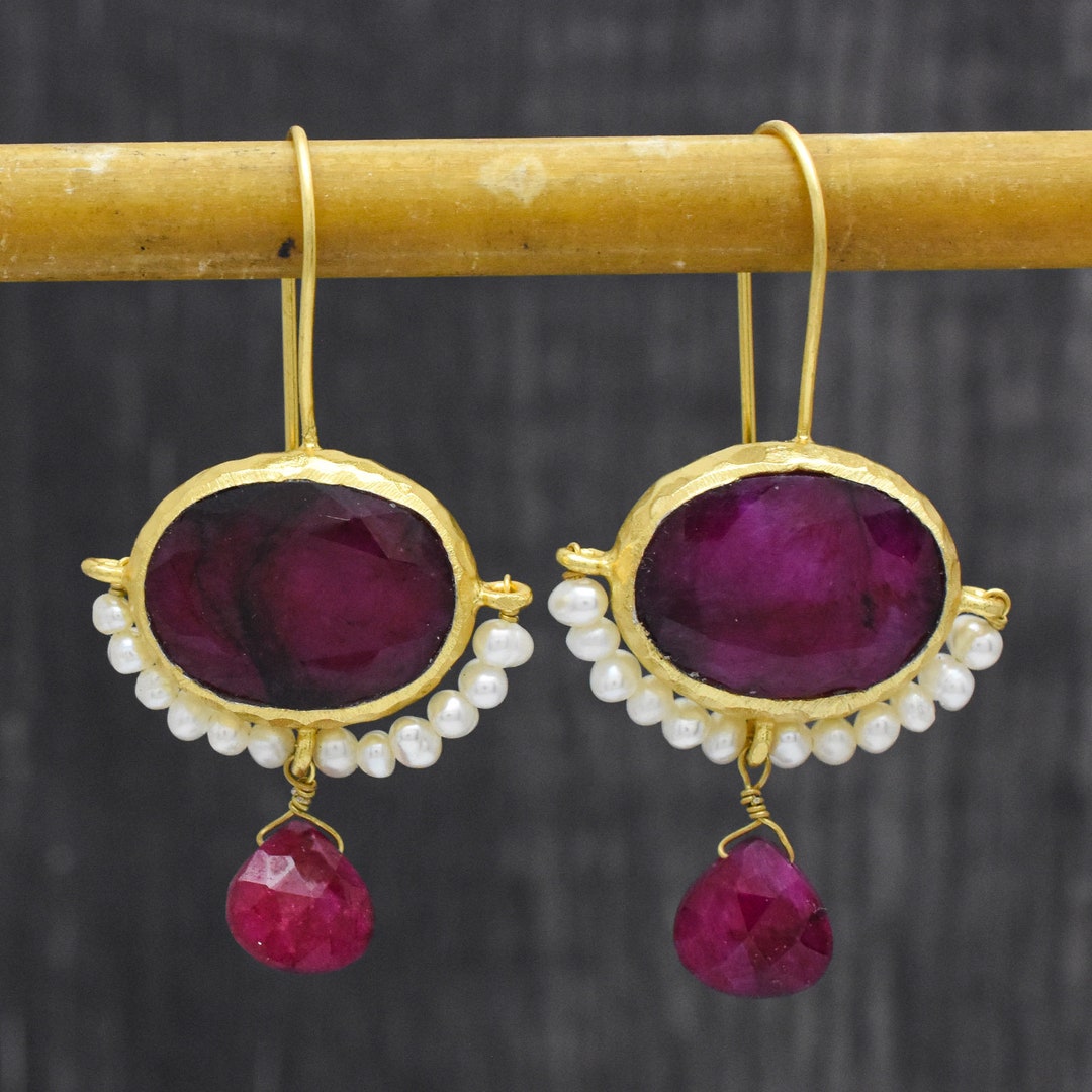 Ruby Pearl Drop Dangle Earring, Elegant Vintage Style 22k Gold Plated ...
