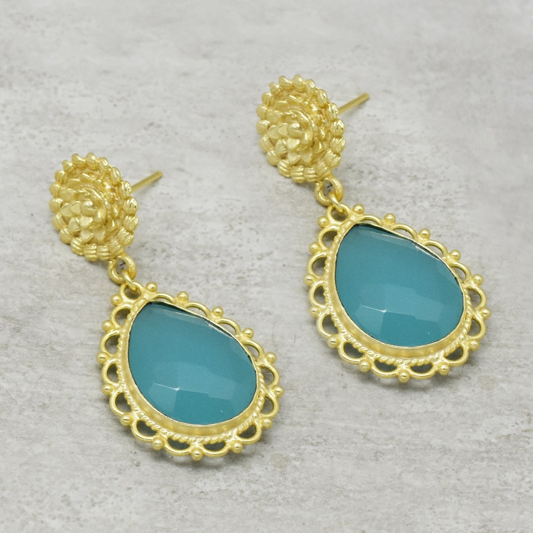 Tropfen Chalcedon Ohrring Messing Designer Ohrring, 22k Gelb Gold Ton ...