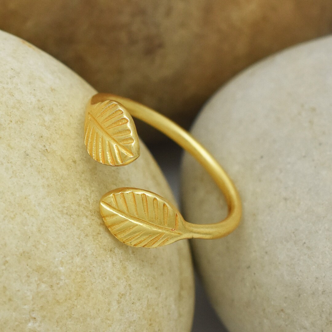 Open Cuff Leaf-shape Ring, Adjustable Leaf Ring, Brass Gold Plated Cuff Ring, Handmade Jewelry ...