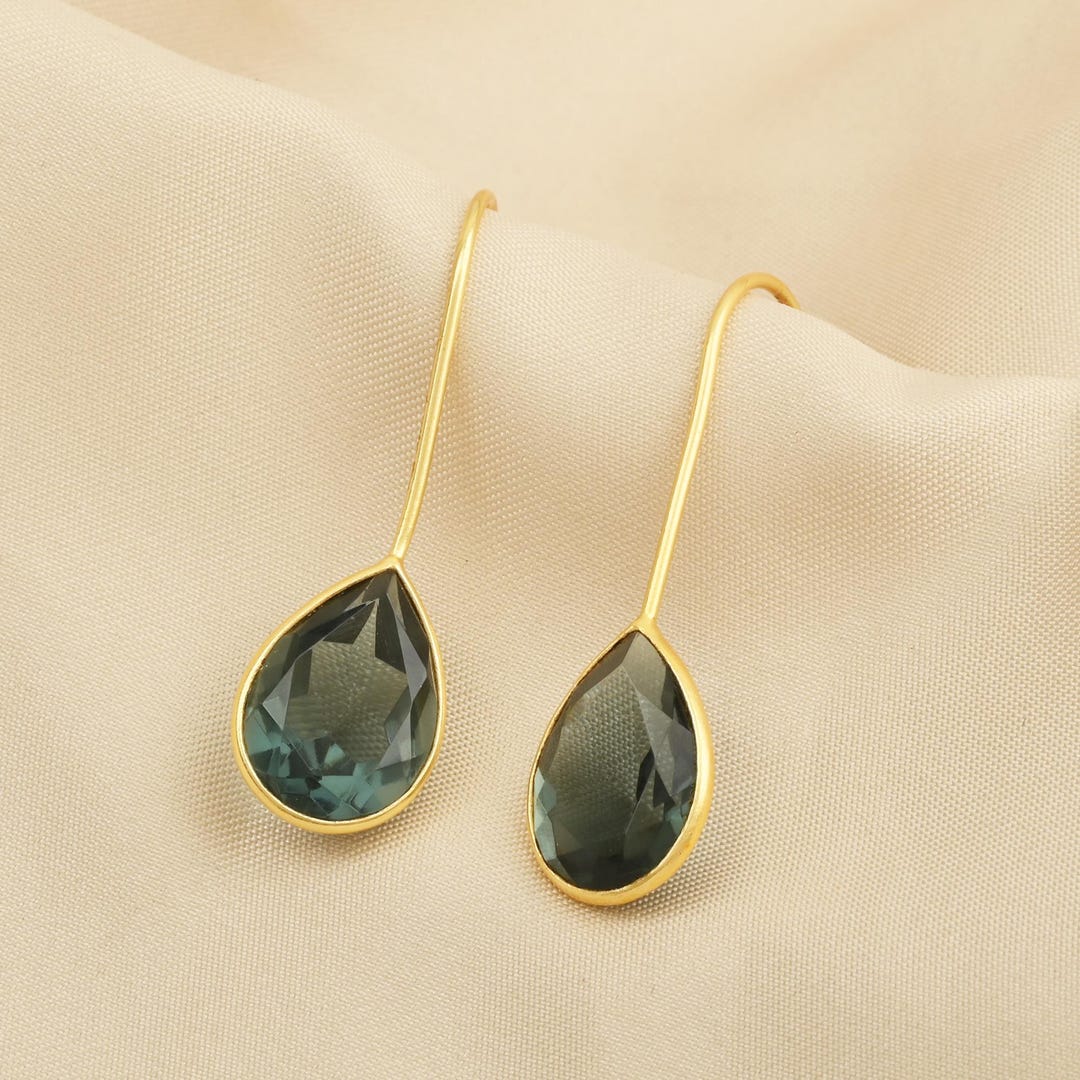 Gold Plated Brass Dangle Earrings: London BT & Aqua Chalcy Gemstone - Etsy