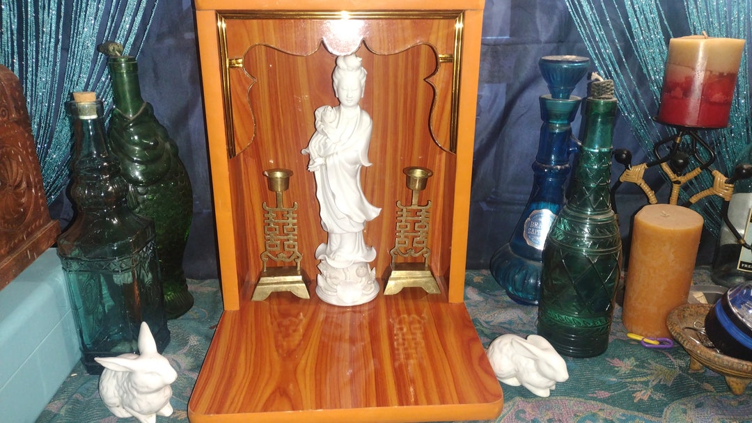 Quan Yin-kwan Yin Altar Shrine-vintage-bisque Goddess, Brass Candle ...
