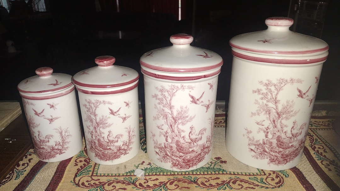 Very Rare-vintage Kitchen Crocks-french Country Toile Aux Au Provence ...