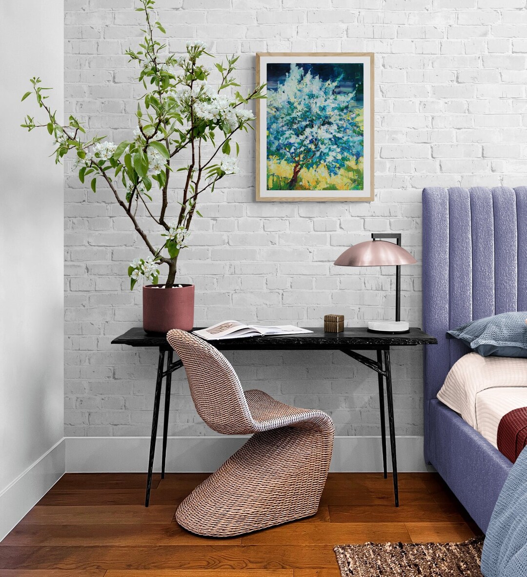 Always Sunny Oil Painting, Fruit Tree Painting, Cobalt Blue Wall Art ...