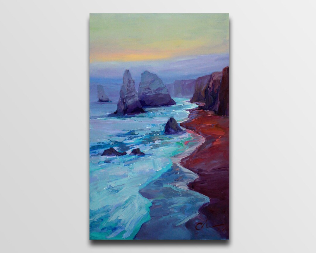 Sea Coast, Painting on Canvas Original, Waves and Rocks, Evening ...