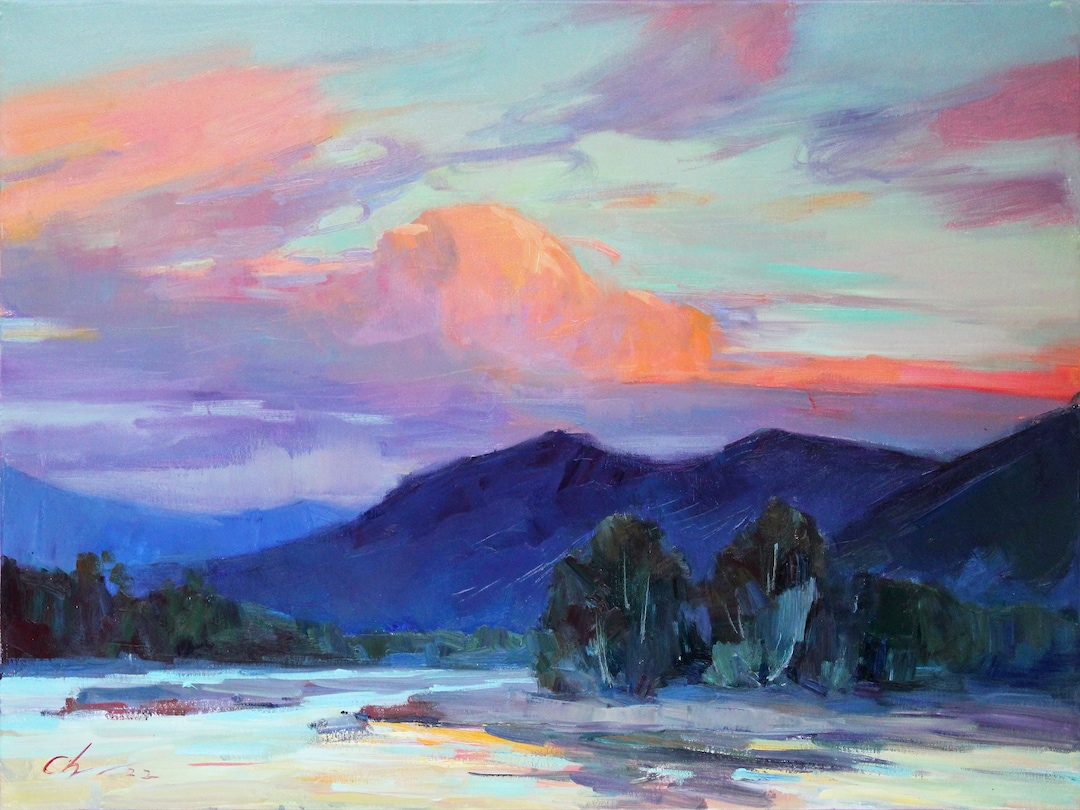 Mountain Sunset Art, River Sunset Oil Painting, River Artwork, Signed ...