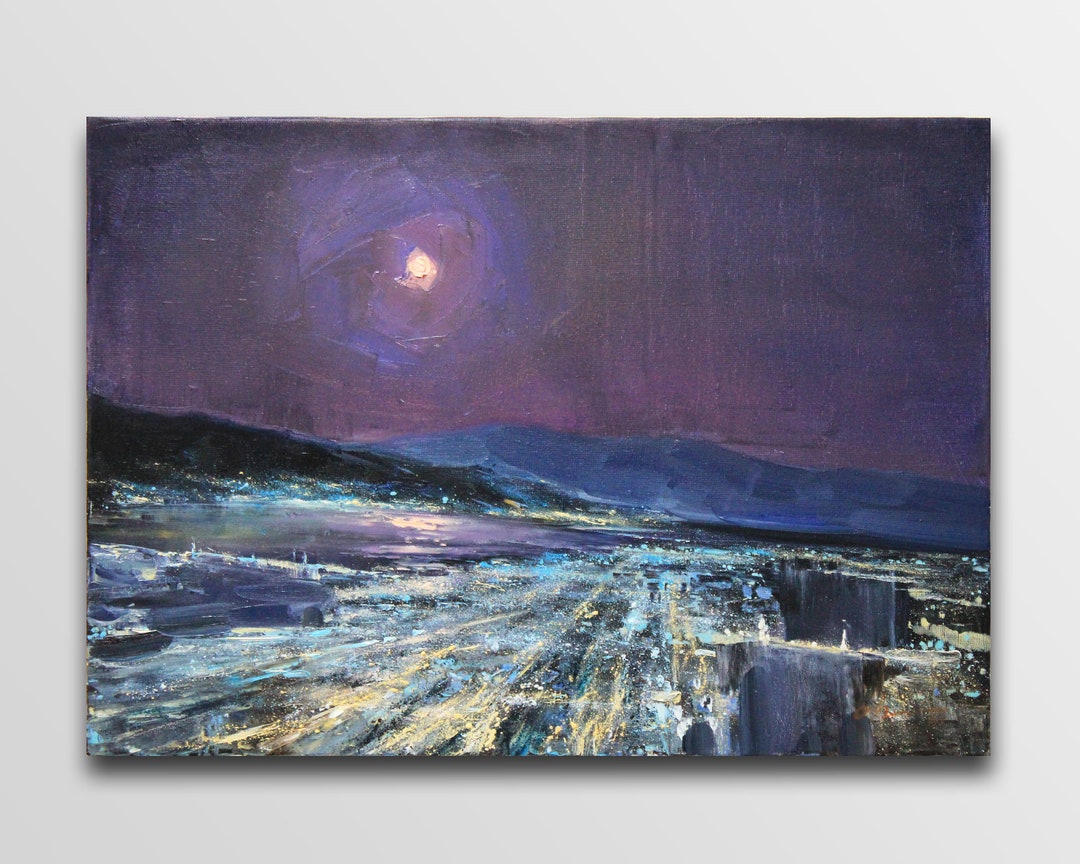 Original Oil Painting on Canvas, Night Landscape, Night City ...