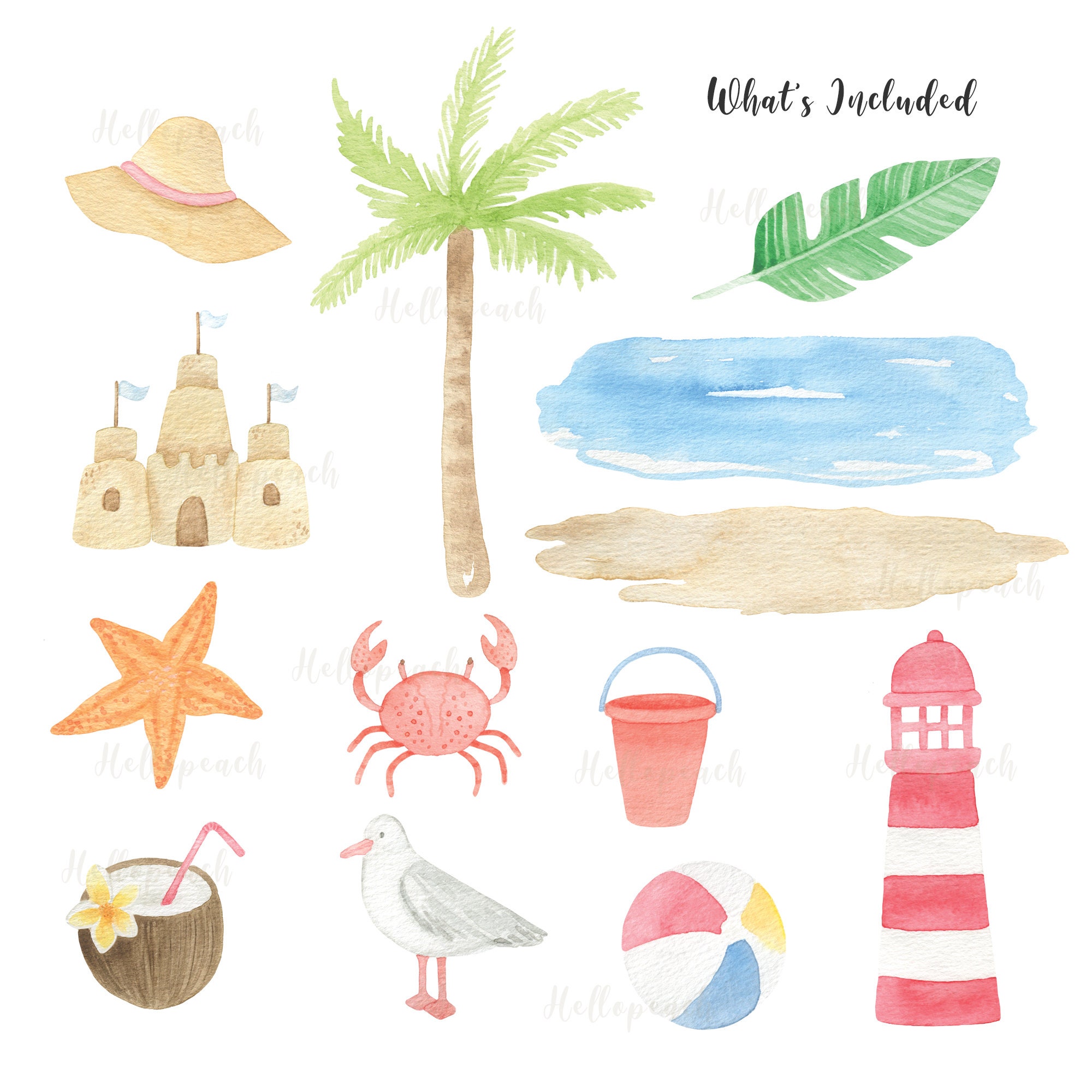 Watercolour Beach Clipart, Watercolor Tropical Clip Art, Summer ...