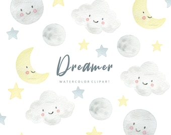 Watercolor Good Night Clip Art Sweet Dreams Clipart Moon - Etsy