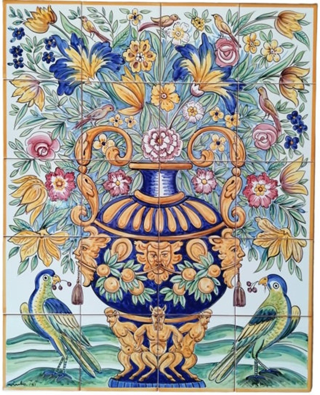 Portuguese Azulejos Tile Mural, Hand Painted Tiles colourful Flower ...