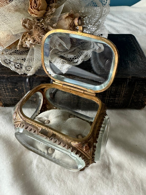 Antique Glass Jewelry Box Casket With Ormolu Frame Gem