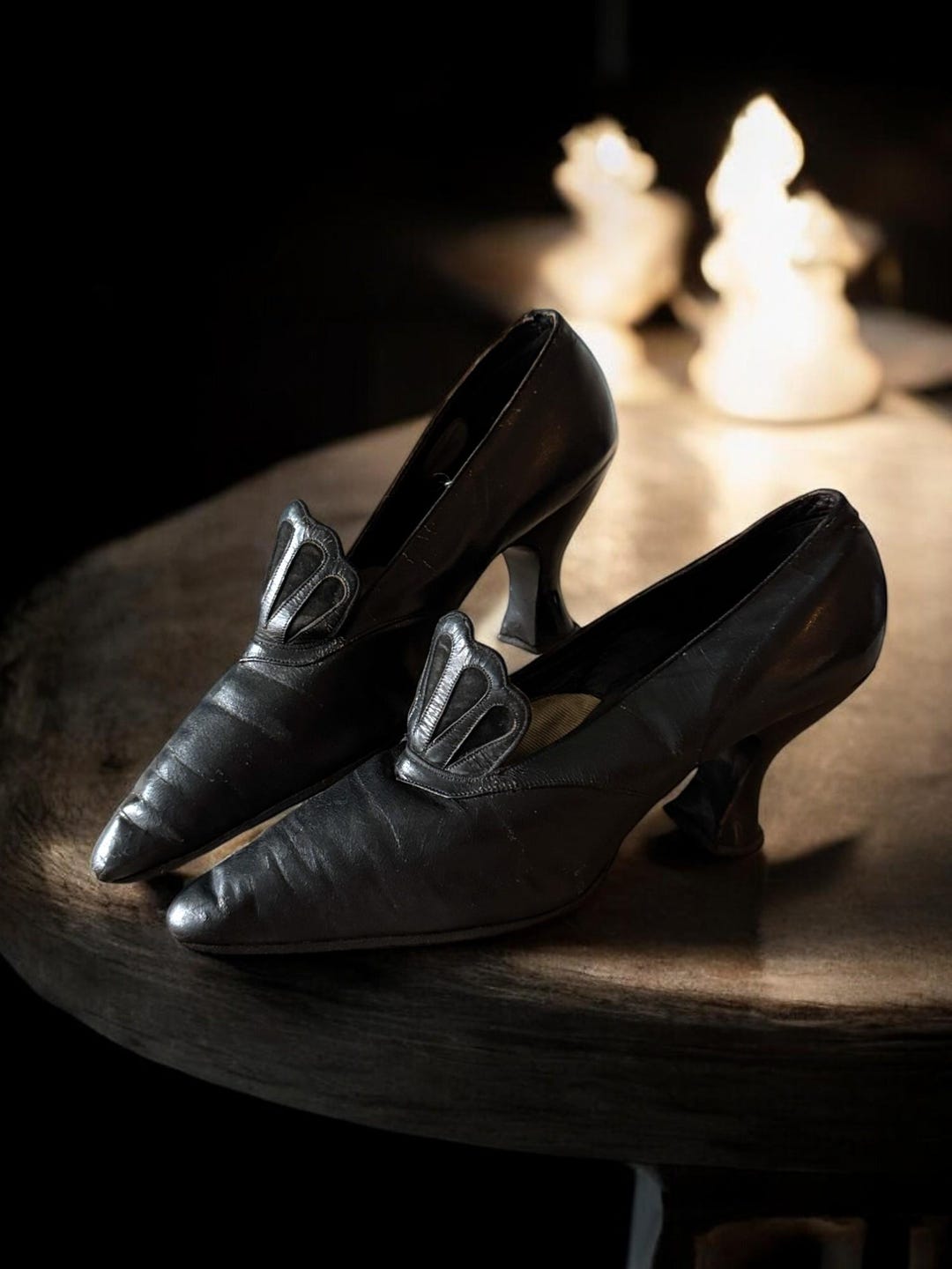 Antique Black Leather Edwardian Ladies' Slip on Shoes Louis Heels 1900s ...