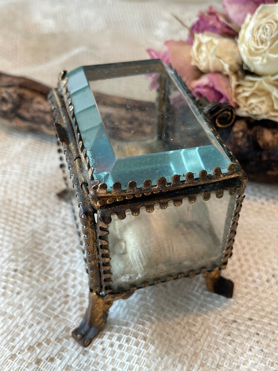 Antique Glass Jewelry Box Casket With Ormolu Frame Gem