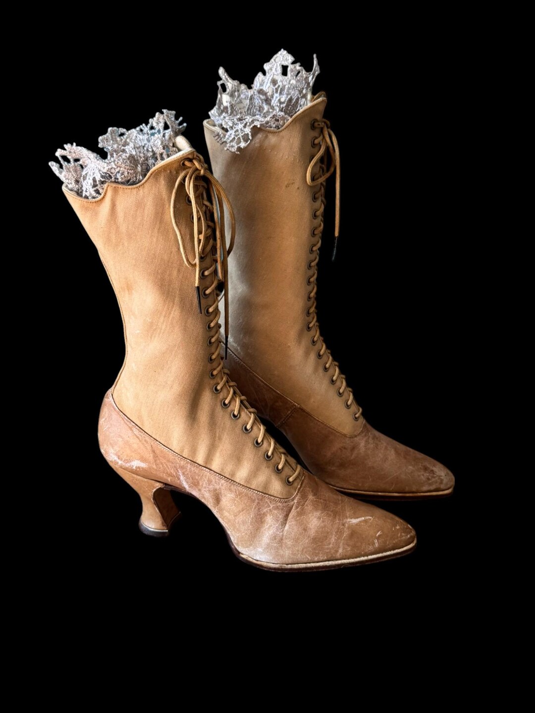 Antique Edwardian / Victorian 1900s Beige Leather Canvas Lace-up Boots ...