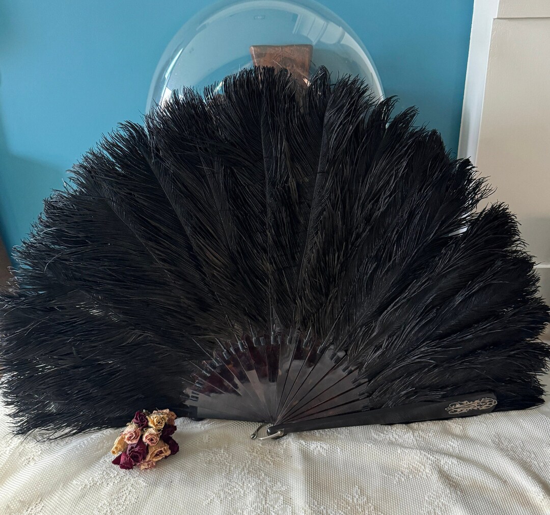 Elegant Antique 1900s Black Ostrich Feathers Fan Faux Tortoise - Etsy