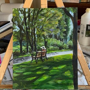 ORIGINAL Acrylic Painting of PEACEFUL SCENE - Woman, Park Bench, Shade ...