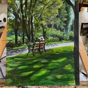 ORIGINAL Acrylic Painting of PEACEFUL SCENE - Woman, Park Bench, Shade ...