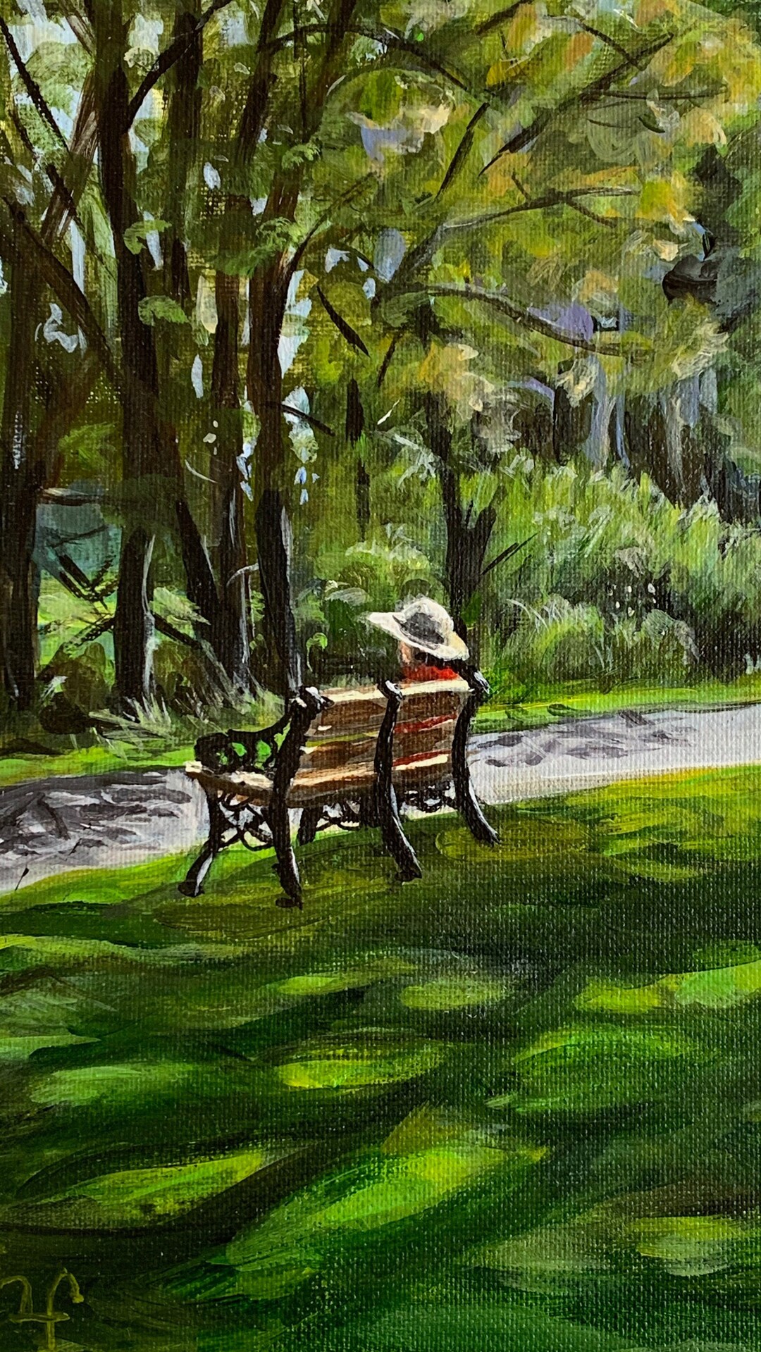ORIGINAL Acrylic Painting of PEACEFUL SCENE - Woman, Park Bench, Shade ...