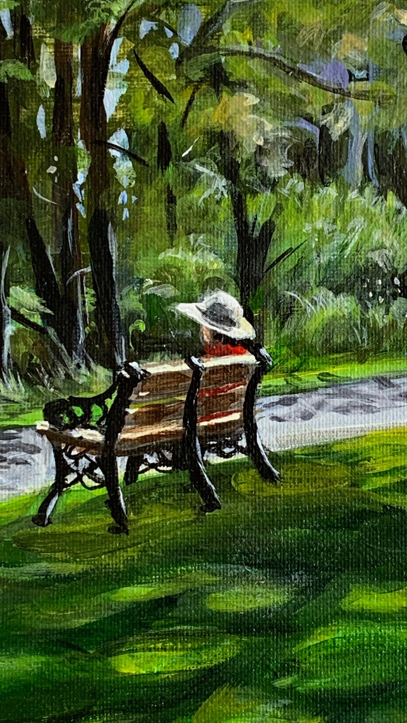 ORIGINAL Acrylic Painting of PEACEFUL SCENE - Woman, Park Bench, Shade ...