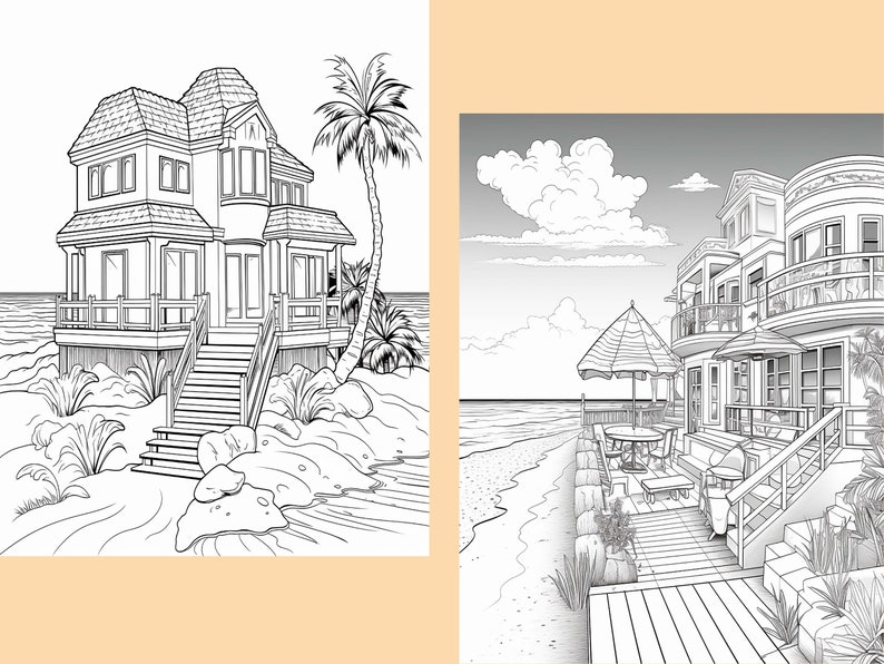 Beach House Coloring Pages: 50 Grayscale Sheets (commercial Use) - Etsy