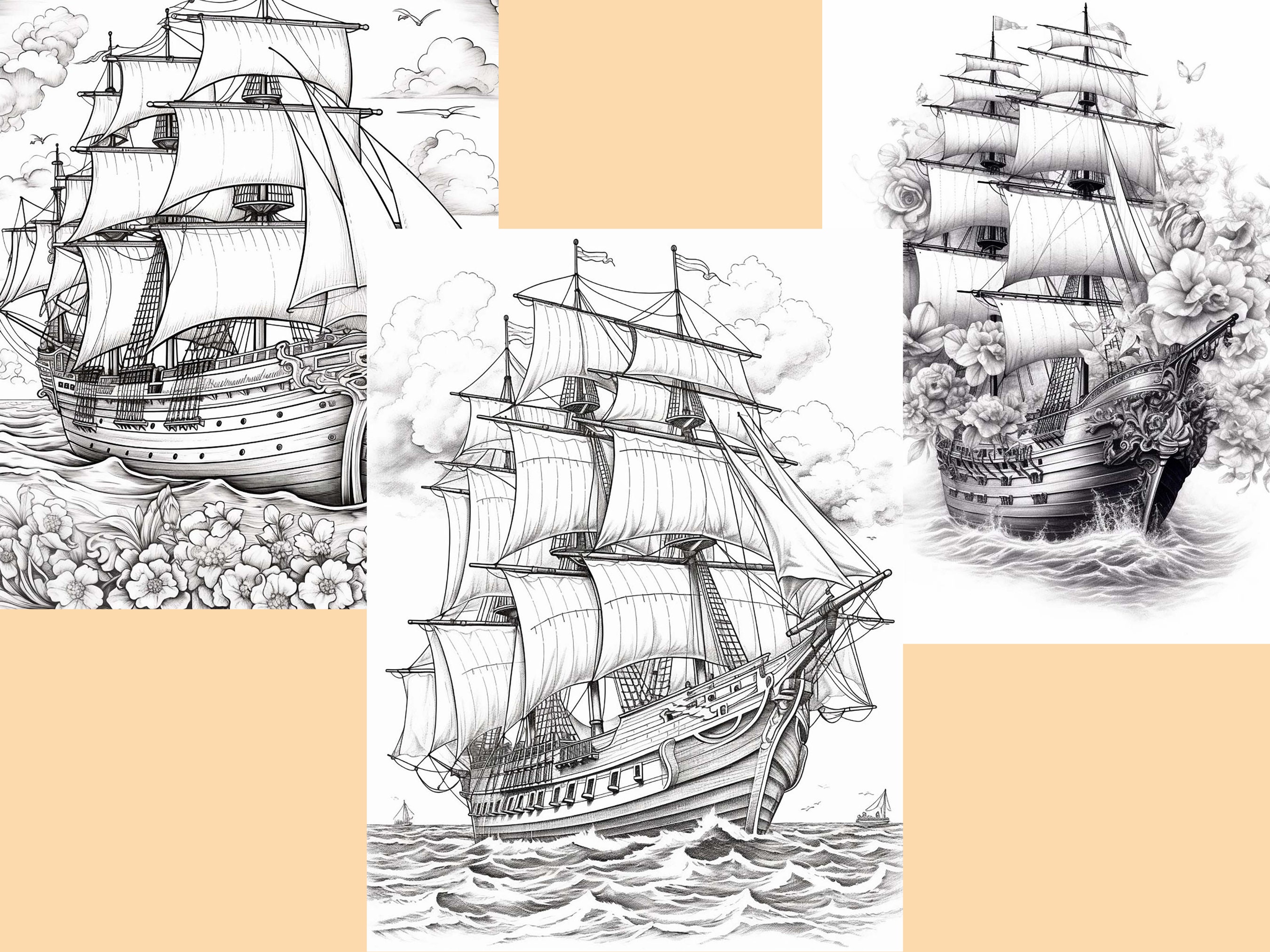 PLR Coloring Page Tall Ship, Fantasy Ships Coloring Pages for Adults ...