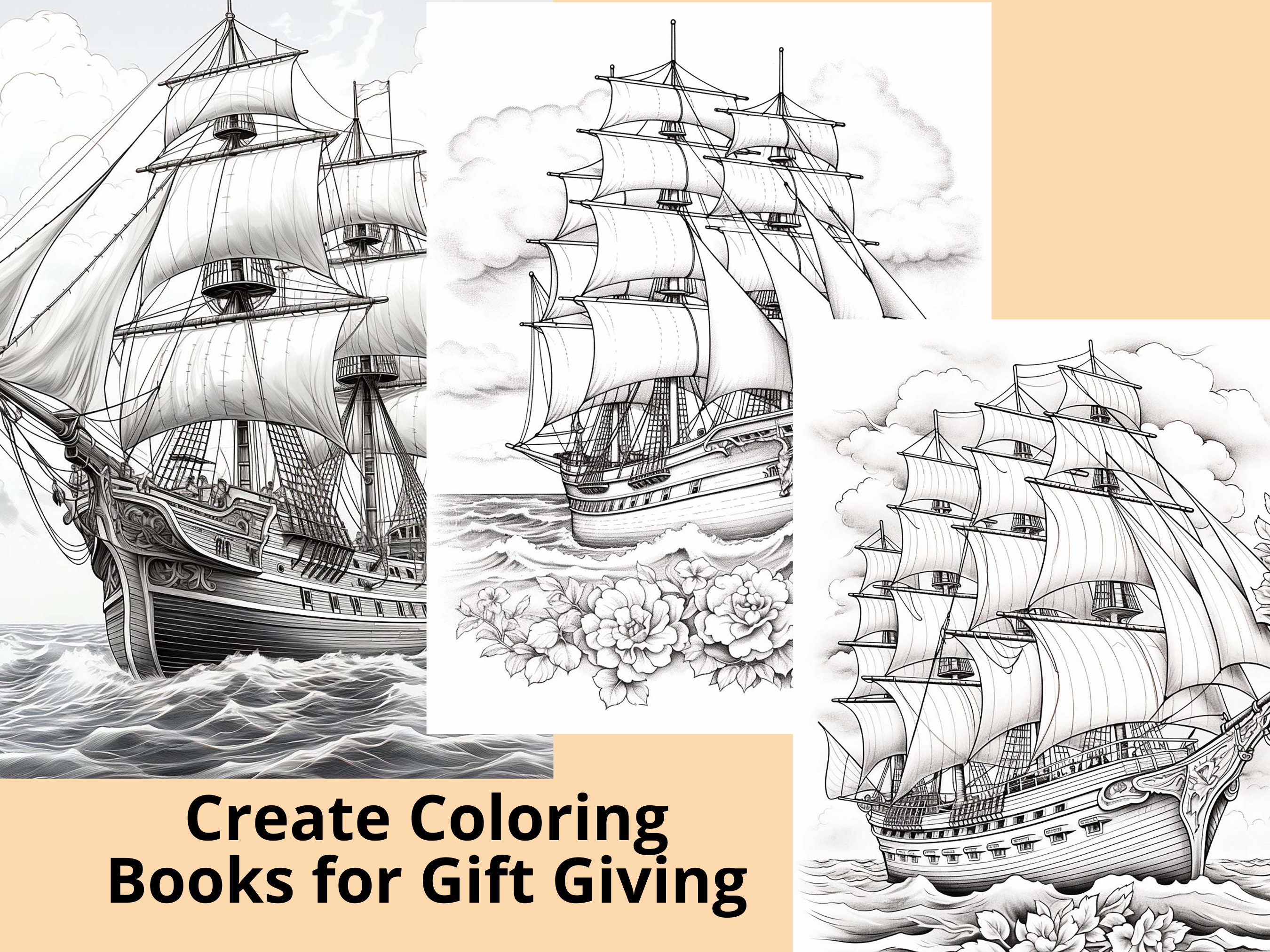 PLR Coloring Page Tall Ship, Fantasy Ships Coloring Pages for Adults ...