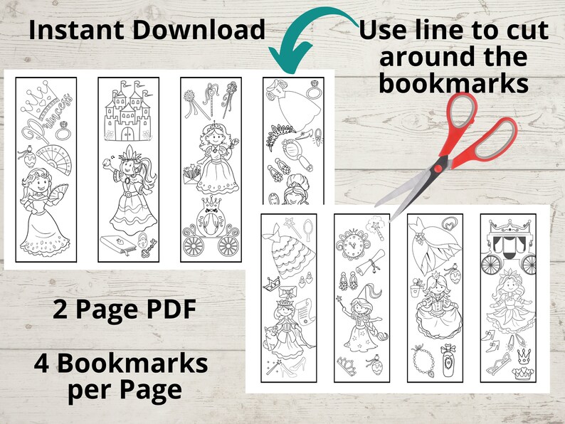 Princess Bookmarks to Color, Set of 8, Princess Theme Party, Birthday ...