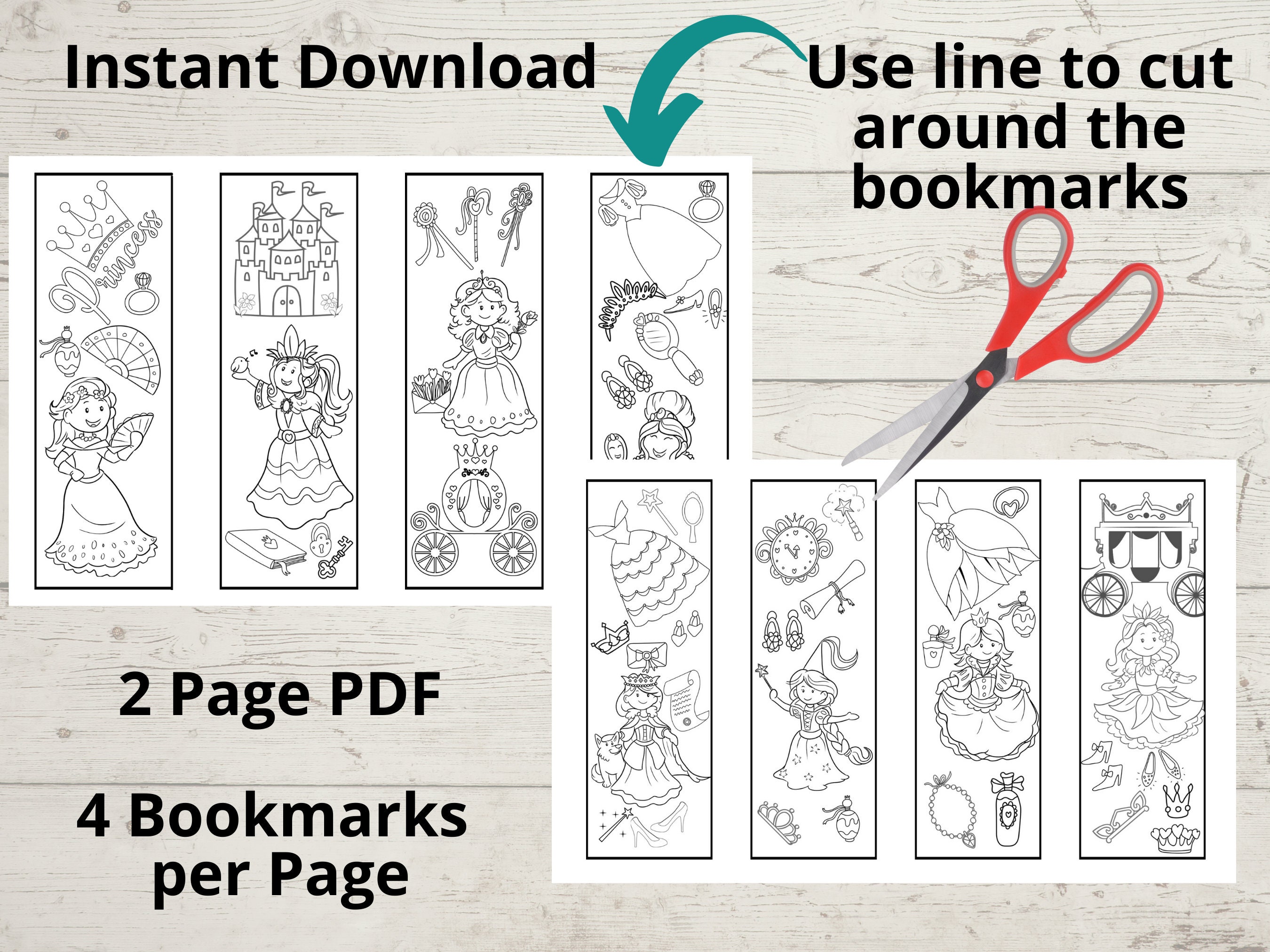 Princess Bookmarks to Color, Set of 8, Princess Theme Party, Birthday ...