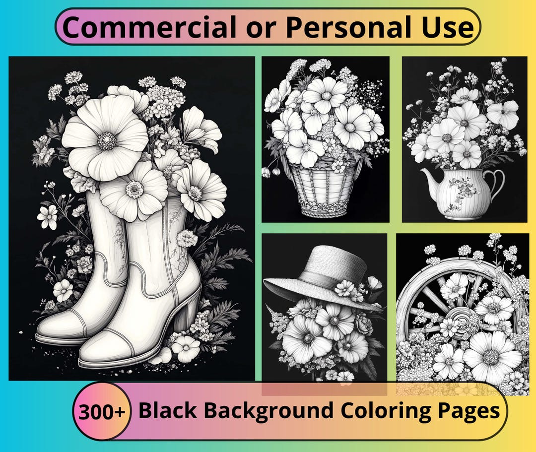 Flower Coloring Pages for Adults: Black Background, Commercial Use (PDF ...