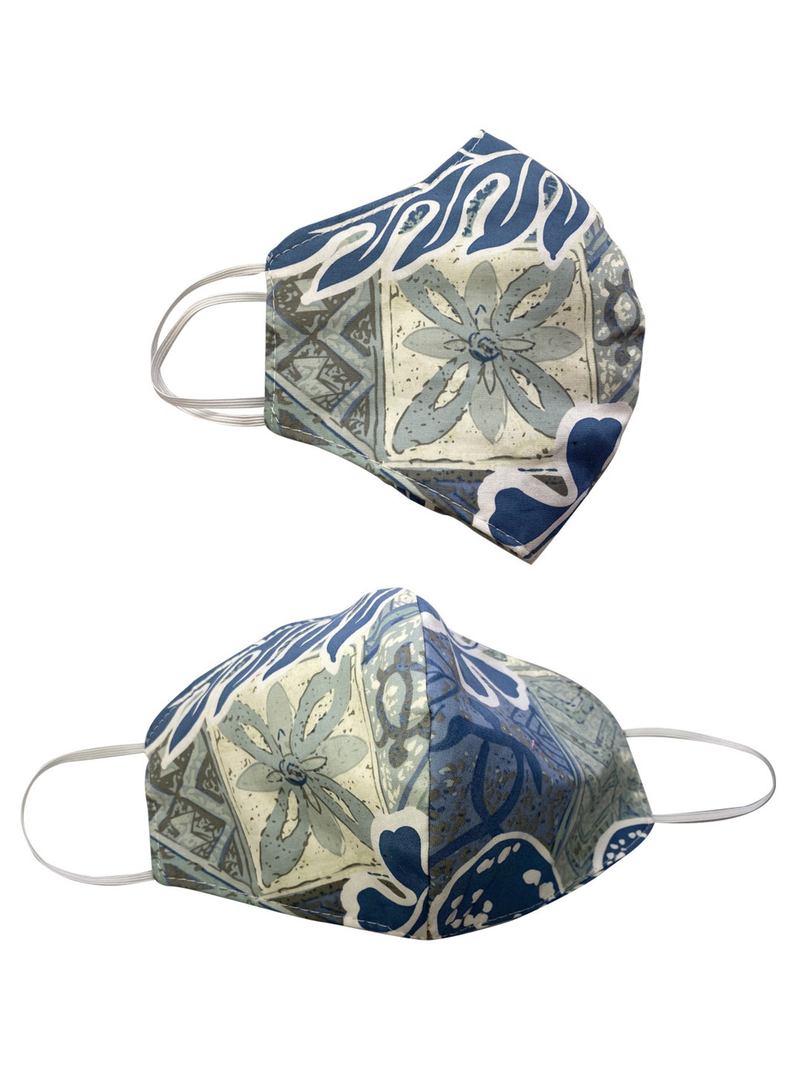 Face Masks 3 Layer Filter Cotton Hawaiian Aloha Print Blue Quilt Flower ...