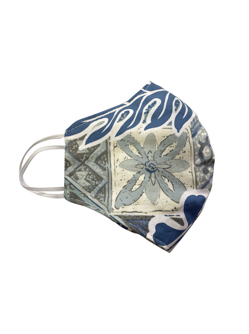 Face Masks 3 Layer Filter Cotton Hawaiian Aloha Print Blue Quilt Flower ...