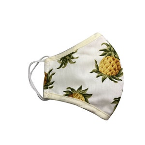 Face Masks 3 Layer Filter Cotton Hawaiian Aloha Print White Pineapple ...