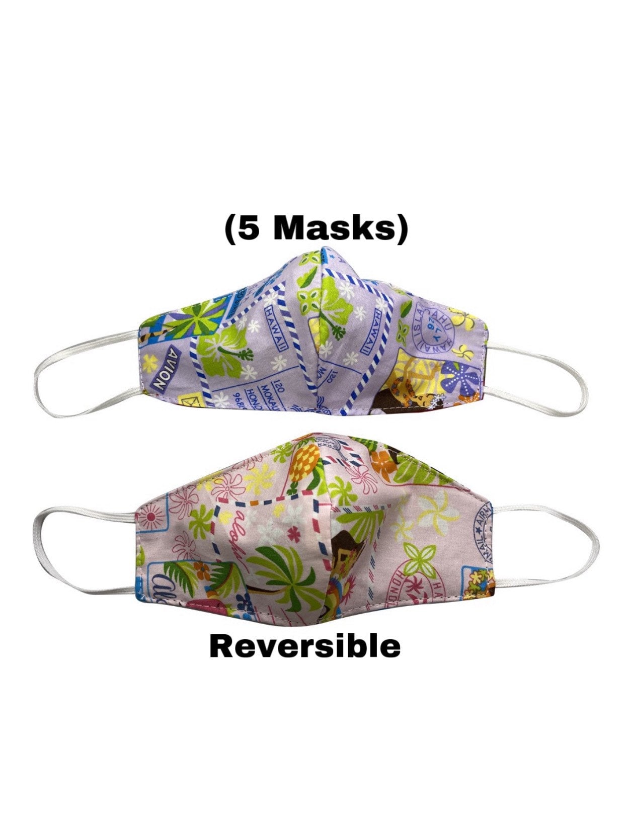 Kids Size (5 Masks) Face Masks 3 Layer Fabric Hawaiian Aloha Print ...