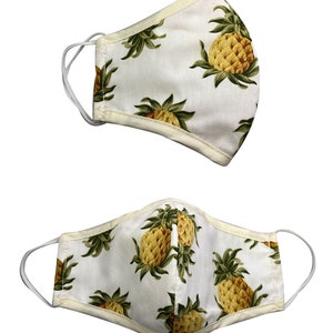 Face Masks 3 Layer Filter Cotton Hawaiian Aloha Print White Pineapple ...